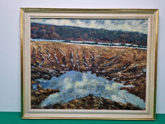 LARGE NAIVE FOLK Art Moorland Landscape Oil on Board Painting by Hilary ...