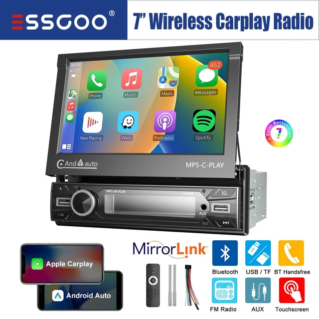 SINGLE DIN 7& Wireless Carplay Android Auto Car Stereo FM Radio Flip ...