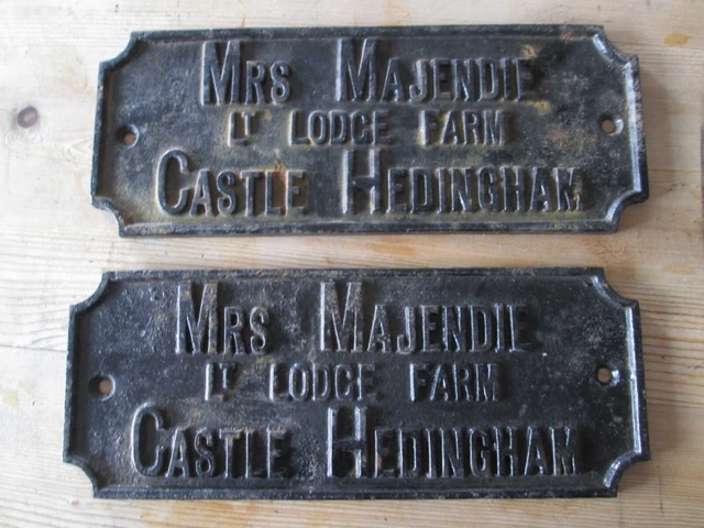 ORIGINAL CAST IRON name plates x 2 - Mrs Majendie, Castle Hedingham £10 ...