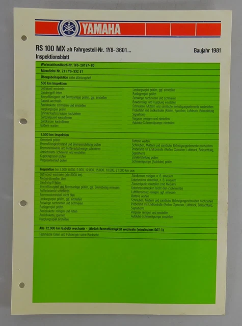 INSPECTION FORM YAMAHA Rs 100 MX Type 1Y8 Year 1981 £7.96 - PicClick UK