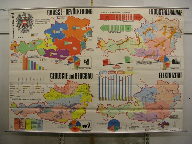 SCHOOL WALL MAP Economy Austria Geology Mining Electricity 240X166Cm ...
