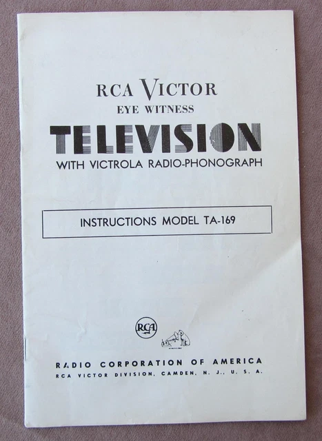 1949 RCA VICTOR Model TA169 TV Television Operation Instruction Manual ...