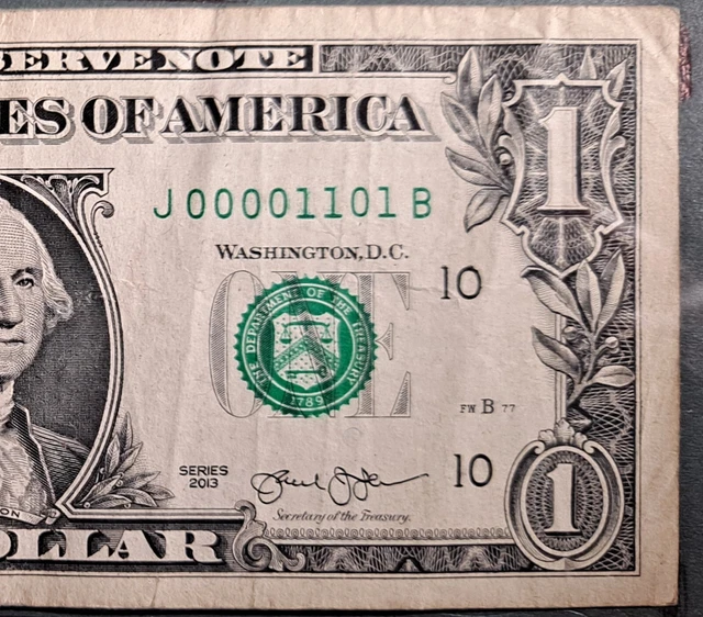 FANCY SERIAL NUMBER Series 2013 $1 Bill ~00001101~ ((True Binary *& Low ...