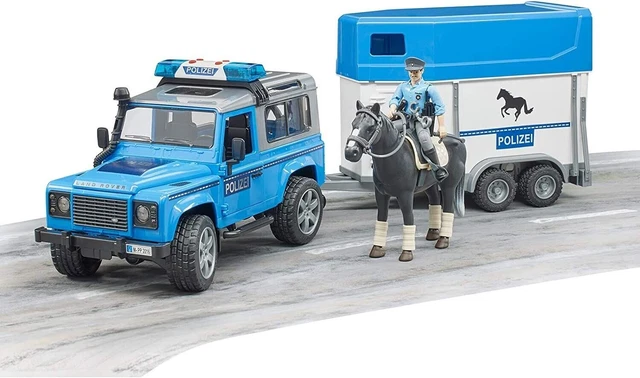 BRUDER LAND ROVER Defender Polizia con rimorchio, cavallo e poliziotto ...