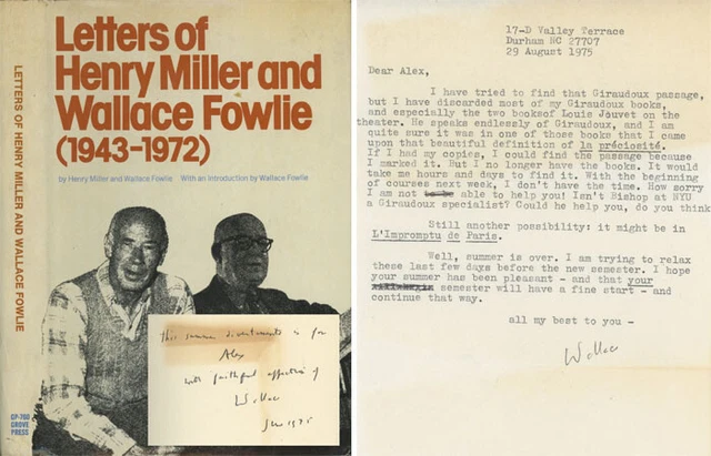 LETTERS OF HENRY Miller and Wallace Fowlie 1943-1972 -- inscribed ...