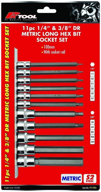 11 PIECE 1/4” & 3/8” Metric 100mm Hex Bits Socket Set - PKTool $55.99 ...