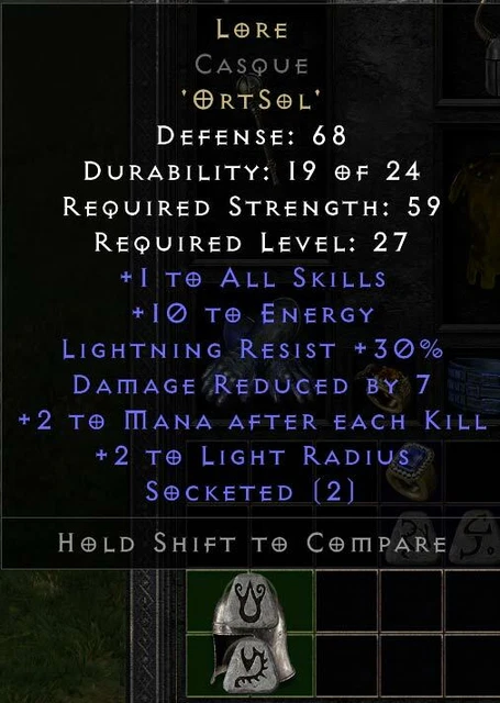 DIABLO 2: RESURRECTED Lore Runeword Casque +1 to skills 68def!! D2R PC ...