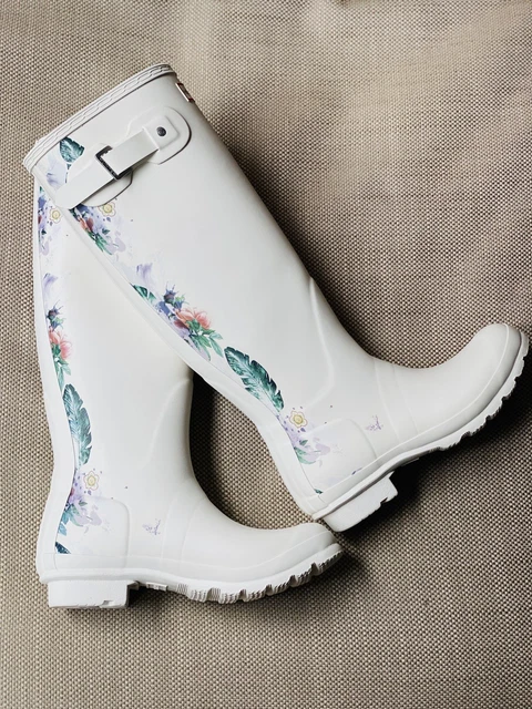 HUNTER ORIGINAL TALL Wellies Botanical Floral Shaded White RARE UK 4 US ...