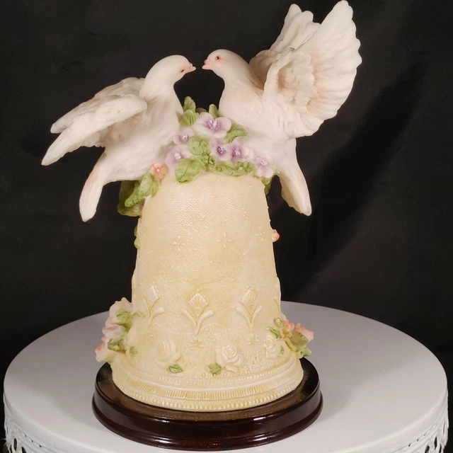 VINTAGE LOUIS DIONNE Doves and Roses Bell Figurine Round Wood Stand ...