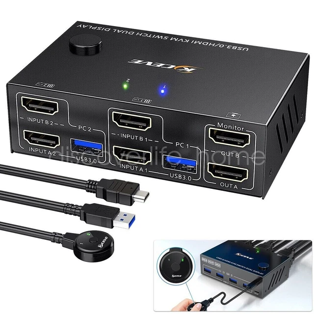 4K HDMI KVM Switch Dual Display with 4 USB 3.0 Port for 2 Computer 2 ...