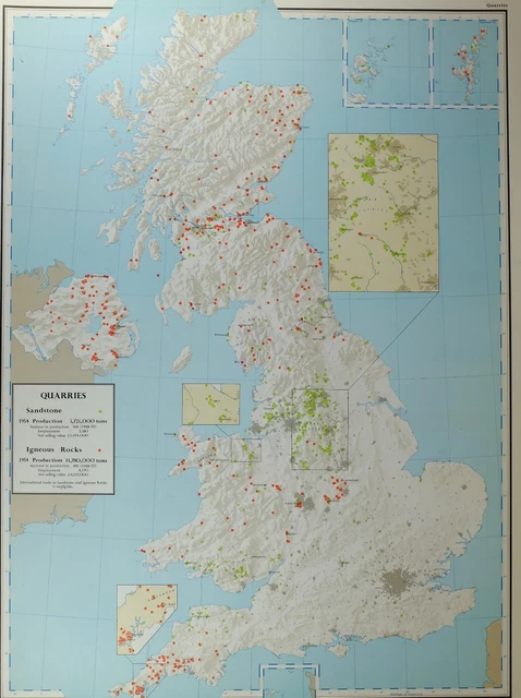 VINTAGE LARGE MAP of BRITAIN QUARRIES SANDSTONE IGNEOUS ROCKS 1954 ...