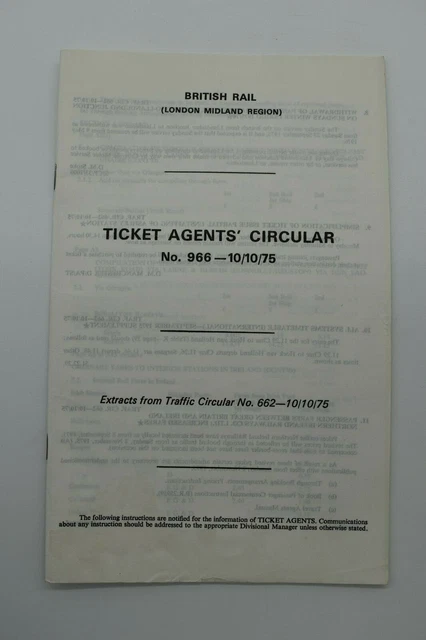 BRITISH RAIL (LM Region) Ticket Agents' Circular No.966 10/10/75 EUR 6 ...