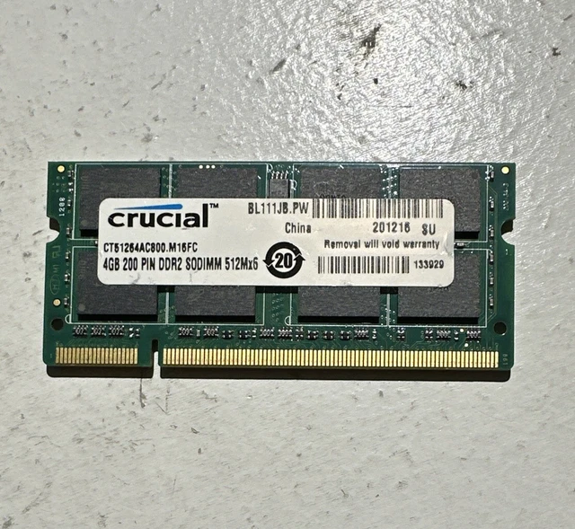 CRUCIAL 4GB PC2-6400S DDR2-800MHz SODIMM Laptop Ram Memory CT51264AC800 ...