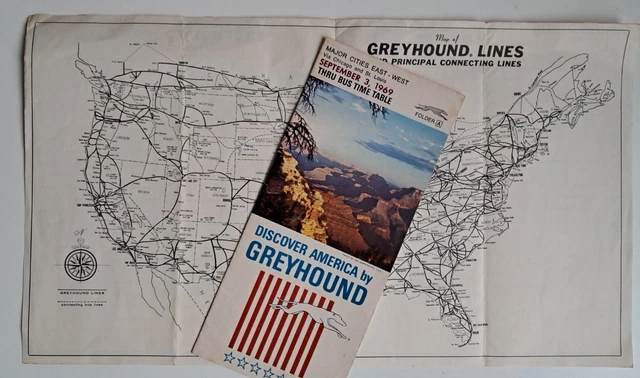 RARE VTG 1969 GREYHOUND BUS Timetable East-West & Itinerary & Map - USA ...