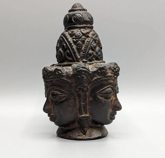 ANTIQUE INDIAN BRONZE Hindu Three Head God Shiva or Trimurti Temple Art ...