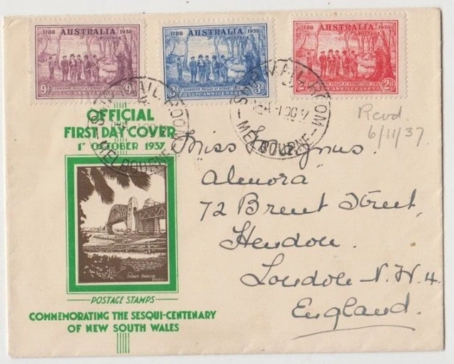 STAMPS 1937 SET of 3 sesquicentennial of NSW official FDC Ship mail ...