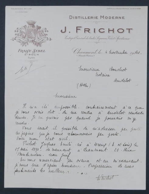 FACTURE DISTILLERIE FRAISE SYBEL FRICHOT CHAUMONT 1941 old bill ...