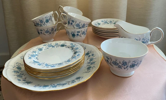 COLCLOUGH BRAGANZA 21 Piece Tea Set Bone China, Blue Floral Design £21. ...
