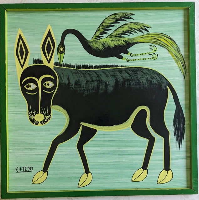 K. H. TEDO 1921-81, Tingatinga Schüler, Rind u. Vogel, Öl auf Masonite ...