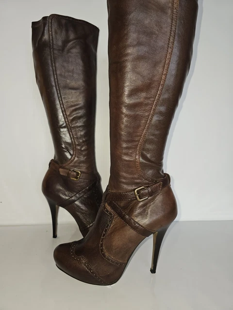 RIVER ISLAND GENUINE Leather Hidden Platform Knee High Boots Brown Uk 6 ...