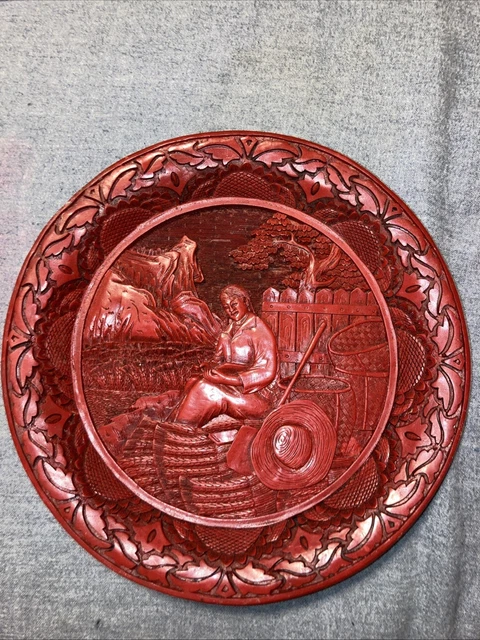 VINTAGE CHINESE CINNABAR Lacquer Intricate Deep Fine Carved 9” Red ...
