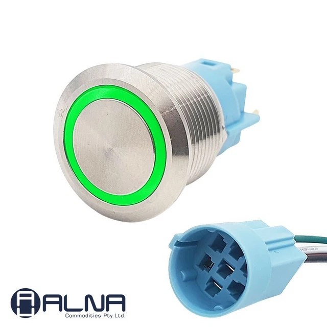 SWITCH PUSH BUTTON Momentary ON/OFF 12V 19mm NO/NC IP67 GREEN LED RING ...