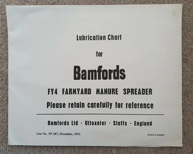 BAMFORD FY4 FARMYARD Manure Spreader Lubrication Chart £4.99 - PicClick UK