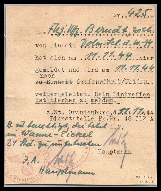 FOTO, WK2, FUNKER Berndt, Melde-/Reiseschein des Uffz. 1944 5026-1379a ...
