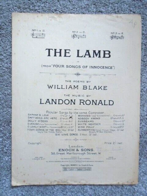THE LAMB SHEET Music Poem by William Blake Music by Landon Ronald Sheet ...