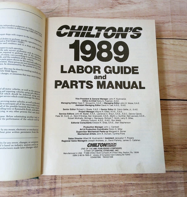 CHILTON'S 1989 LABOR Guide And Parts Manual Motor Age Professional ...
