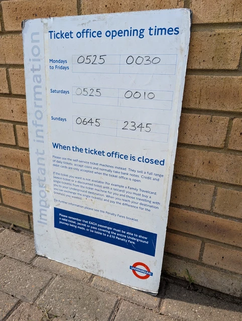 LONDON UNDERGROUND STREET Sign Ticket Office Opening Times Double Sided ...