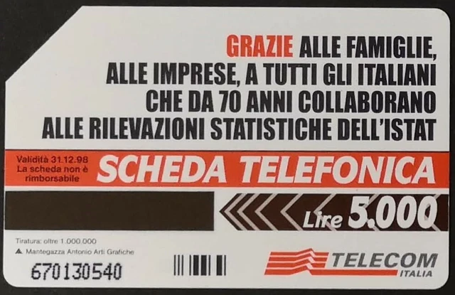 CARTA TELEFONICA 1926 -1996 Istat L. 5.000 (586) EUR 2,00 - PicClick FR