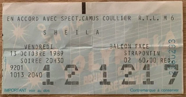 SHEILA - TICKET concert n° 12 1215 - Olympia Paris - Vendredi 13 ...