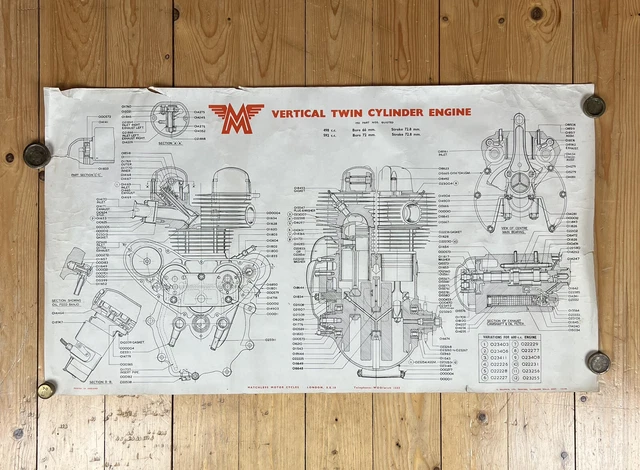 VINTAGE MATCHLESS VERTICAL Twin Engine Exploded Diagram Poster Motor ...