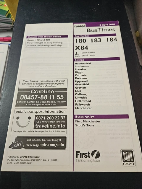 MANCHESTER BUS TRANSPORT Timetable Leaflet GMPTE First Bus HO7 1 3 00 manchester-bus-transport-timetable-leaflet-gmpte-first-bus-ho7-1-3-00