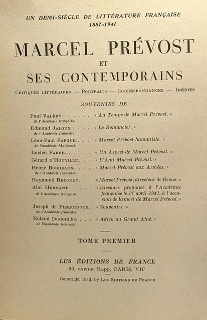MARCEL PRÉVOST ET ses contemporains - TOME I et II- critiques ...