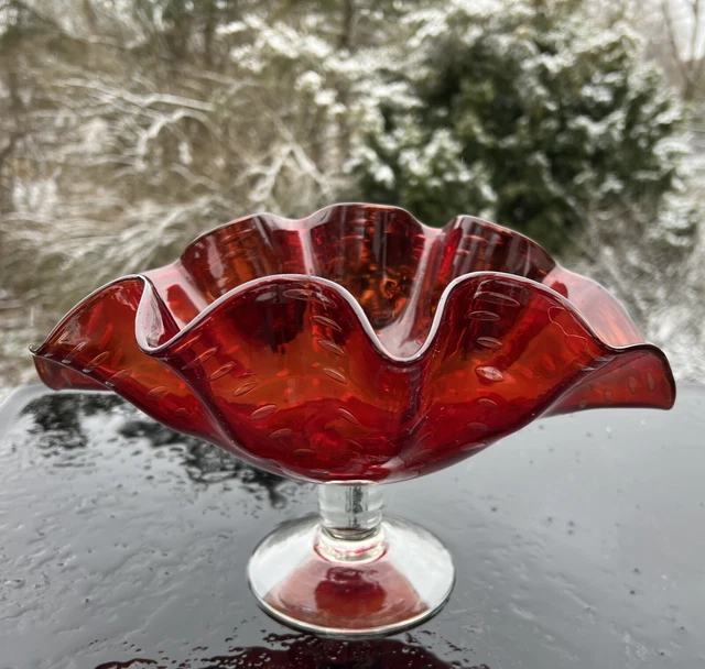WAYNE HUSTED BISCHOFF Art Glass Ruby Red Controlled 7" Bubble Ruffled ...