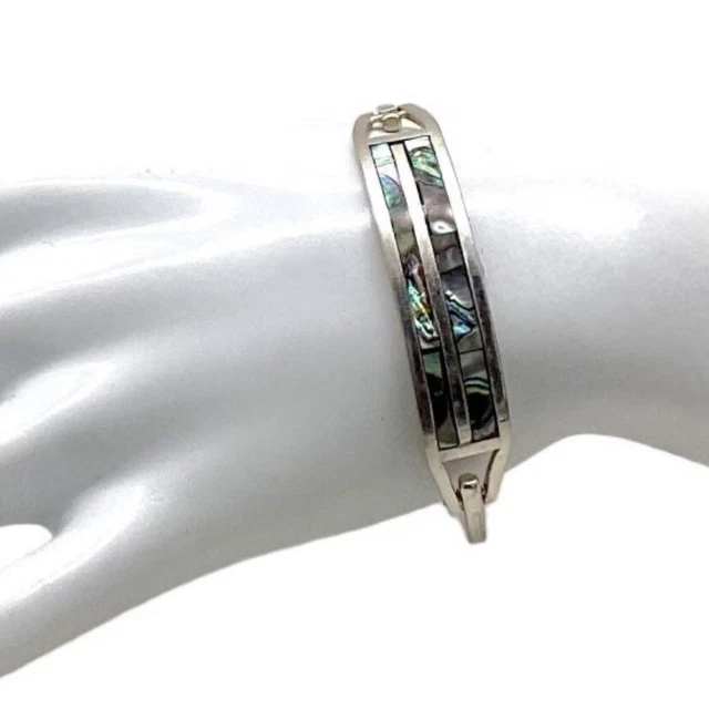 MEXICO BANGLE BRACELET ALPACA Silver Abalone Shell Inlay Front Closure ...