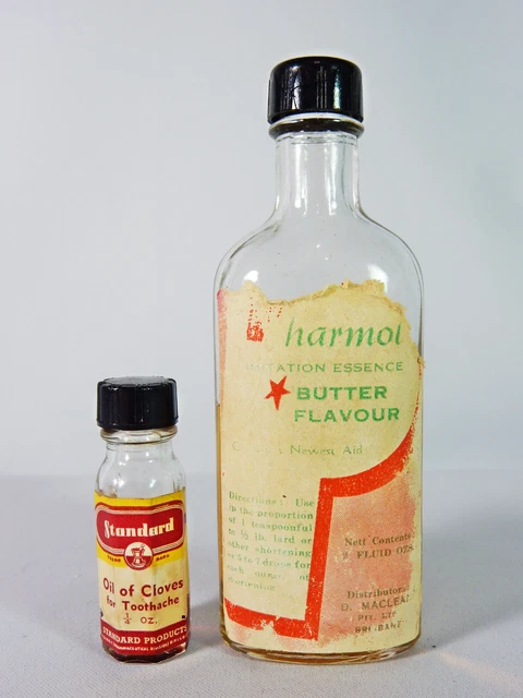 VINTAGE PAIR GLASS Bottles Contents Harmol Butter Essence Standard Oil ...
