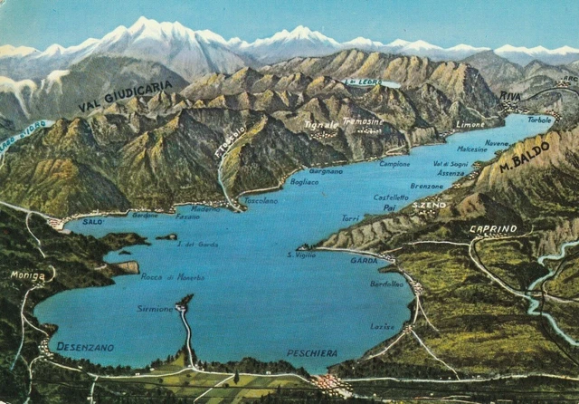 AK MAP, LANDKARTE, Panoramakarte **LAGO DI GARDA - GARDASEE** IV EUR 1 ...