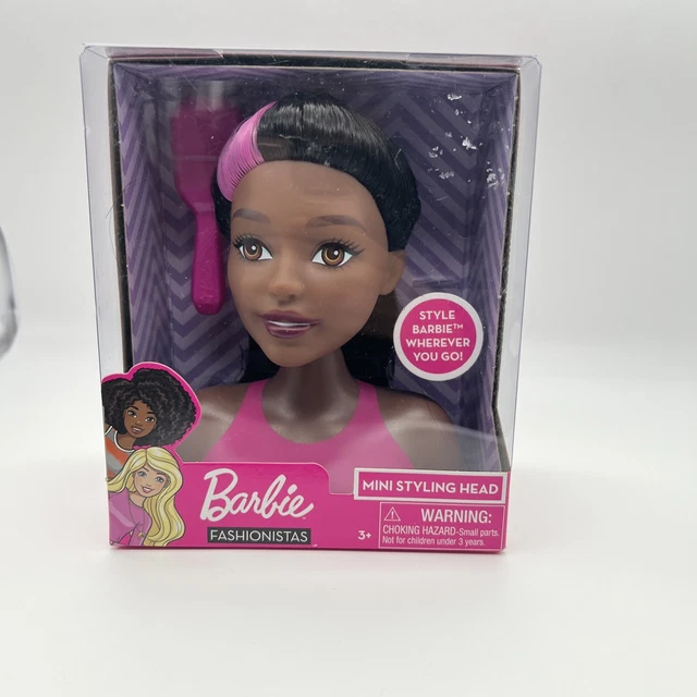BARBIE FASHIONISTAS MINI STYLING HEAD Black hair with pink highlight ...