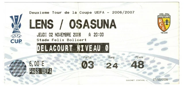 COLLECTION TICKET RC Lens - Osasuna Pamplona 02/11/2008 Coupe UEFA EUR 3,50 - PicClick FR