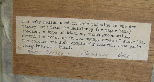 VINTAGE AUSTRALIAN PAPER BARK PAINTING 1980s Wendy Massey, Brisbane £9. ...