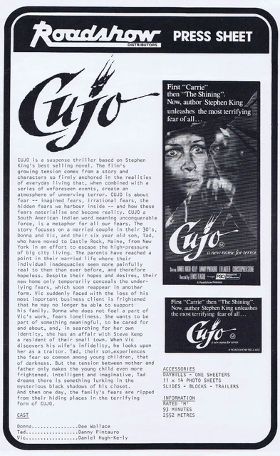 CUJO ORIGINAL AUSTRALIAN Movie Press Sheet St Bernard Dog Horror Dee ...
