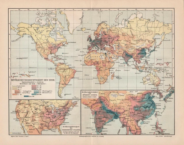 ANTIQUE MAP. THE WORLD POPULATION DENSITY MAP. Circa 1905 $15.00 ...