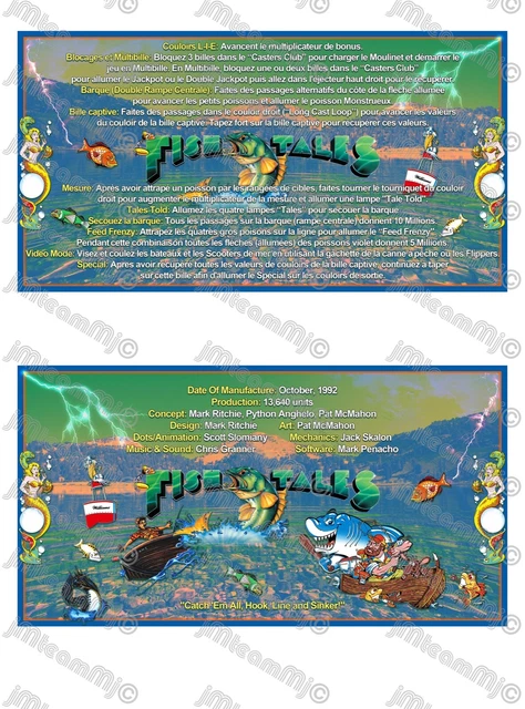 WILLIAMS FISH TALES 1992 FRENCH Cartes Instructions Flipper Custom ...
