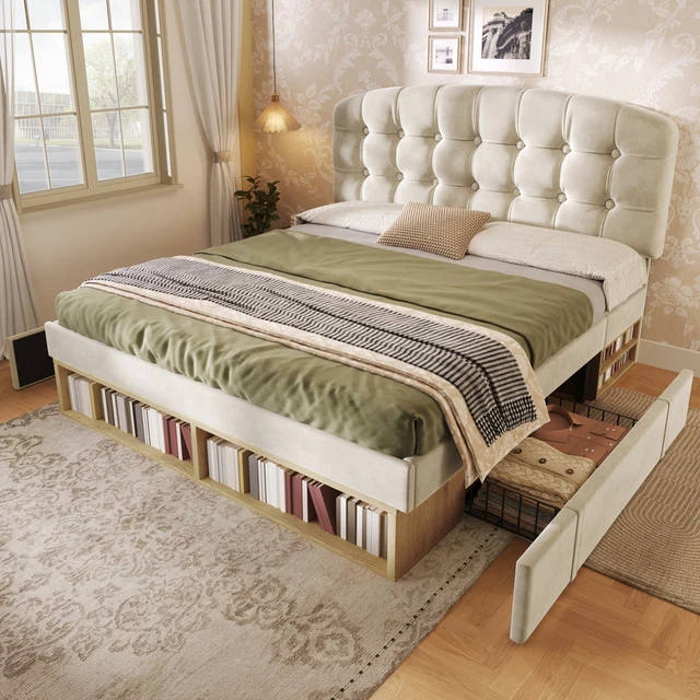 4FT6 DOUBLE VELVET Upholstered Bed Frame w/ Adjustable Headboard ...