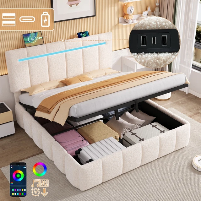 KING BED FRAME 150x200 cm with LED Lighting, 5ft Upholstered Ottoman ...