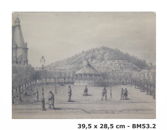 ANCIENNE DESSIN FRANÇAIS Signé Vue Cité Avec Caractères tableau BM53.2 ...
