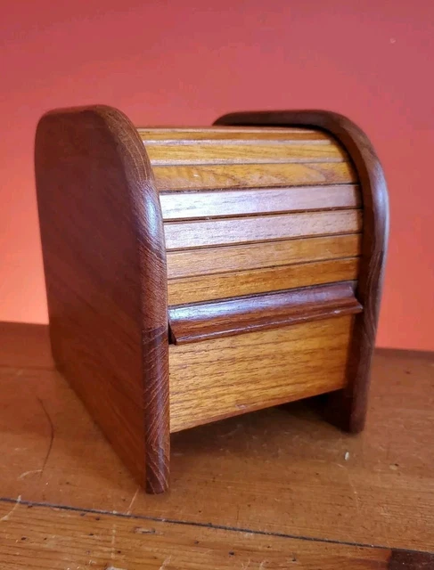 VINTAGE TEAK WOOD Roll Top Phone Menu File Rolodex Storage Organizer ...